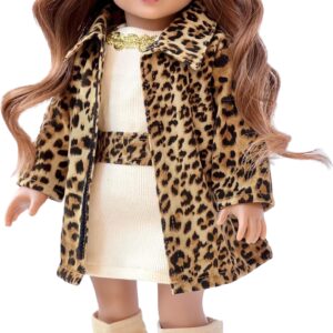 - Fashion Girl - 3 Piece 18 inch Doll Outfit - Cheetah Coat, Ivory Dress and Ivory Boots - (Doll Not Included)