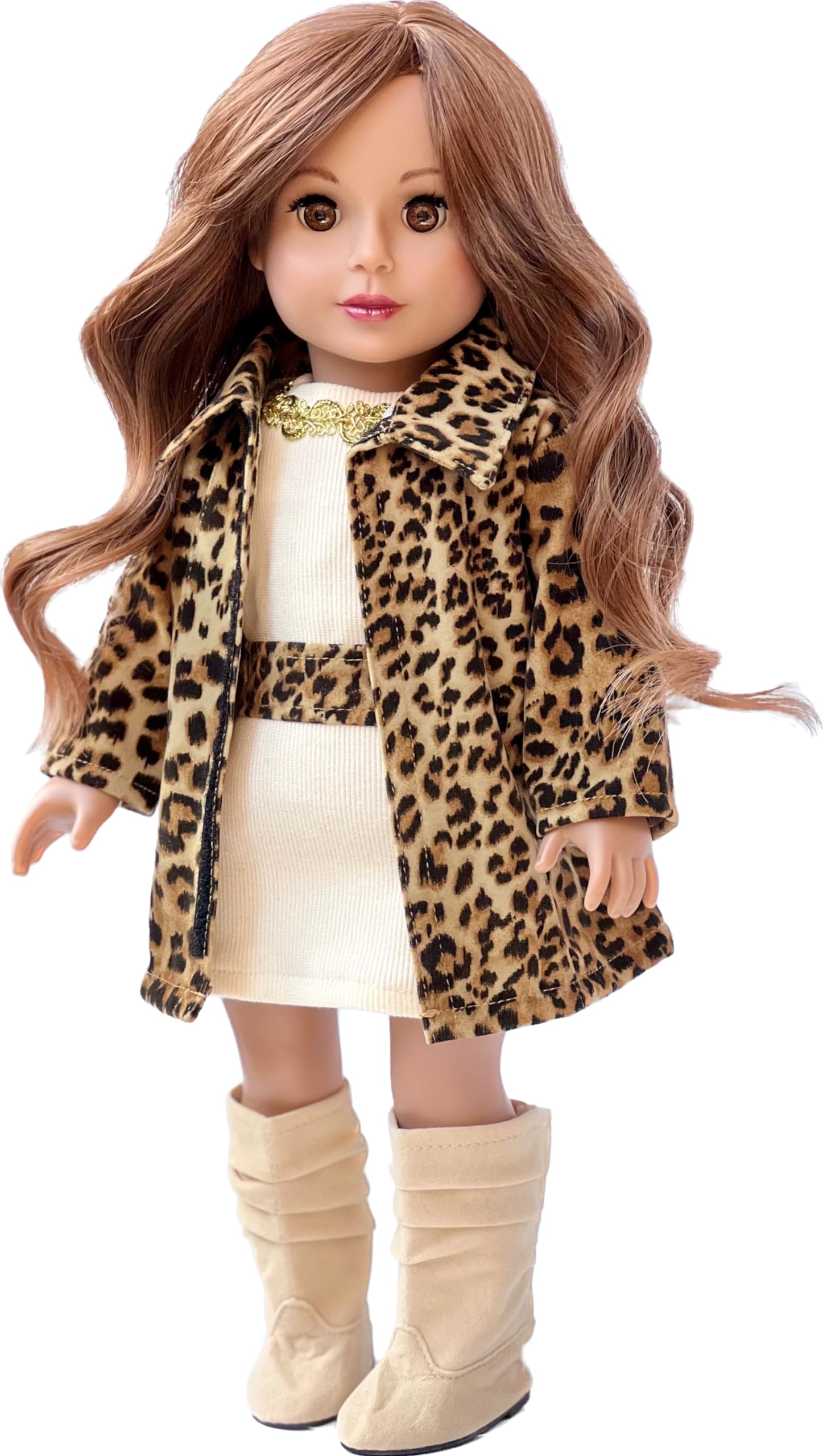 - Fashion Girl - 3 Piece 18 inch Doll Outfit - Cheetah Coat, Ivory Dress and Ivory Boots - (Doll Not Included)