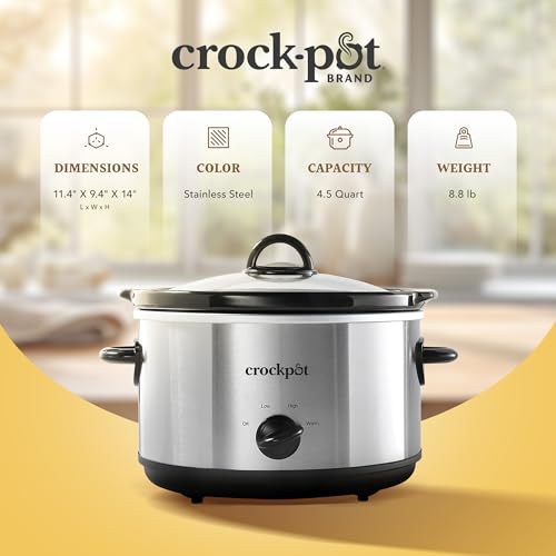 Crock-Pot 4.5 Quarts Manual Design Series Slow Cooker with 3 Manual Heat Settings Cooks Meals for 4 Plus People with Removable Stoneware Bowl, Silver