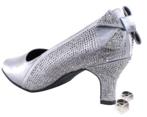 very fine women's salsa ballroom tango dance shoes sera 5512 ribbon design bundle with dance shoe heel protectors, grey satin 9 m us 2.5" heel