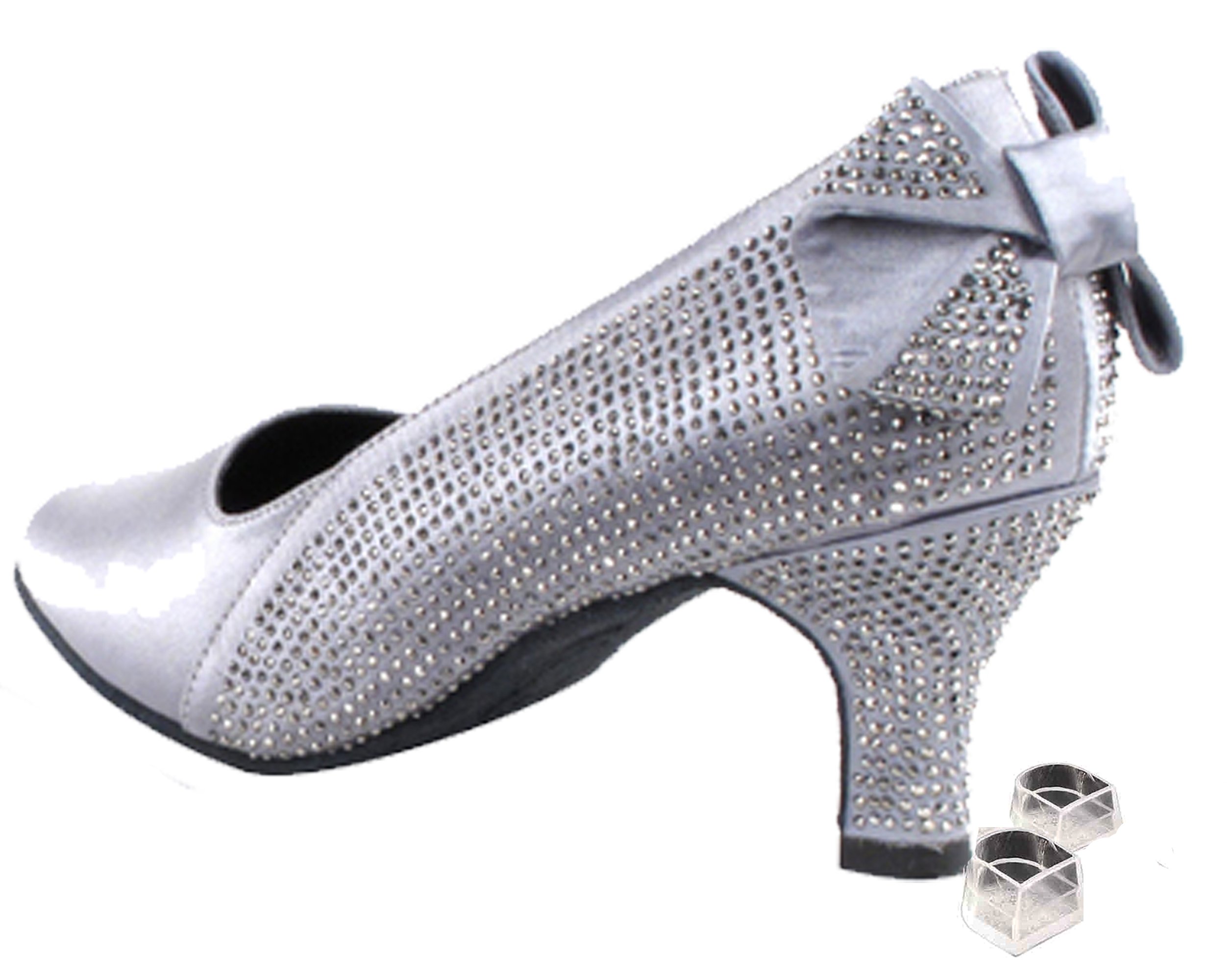 Very Fine Women's Salsa Ballroom Tango Dance Shoes Sera 5512 Ribbon Design Bundle with Dance Shoe Heel Protectors, Grey Satin 9 M US 2.5" Heel