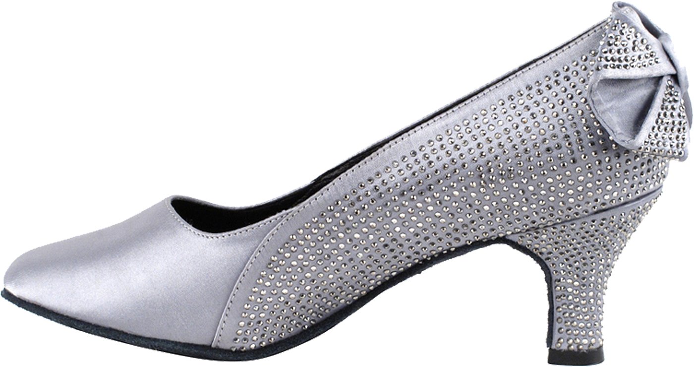 Very Fine Women's Salsa Ballroom Tango Dance Shoes Sera 5512 Ribbon Design Bundle with Dance Shoe Heel Protectors, Grey Satin 9 M US 2.5" Heel