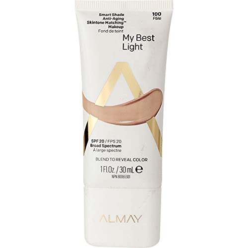 Almay Anti-Aging Foundation, Smart Shade Face Makeup, Medium Coverage, Natural Finish with SPF 20, Hypoallergenic-Fragrance Free, Dermatologist Tested, 100 My Best Light, 1 Oz