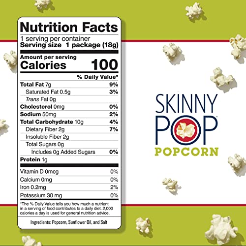 SkinnyPop Original Popcorn, Individual Snack Size Bags, Skinny Pop, Healthy Popcorn Snacks, Gluten Free, 0.65 Ounce (Pack of 30)