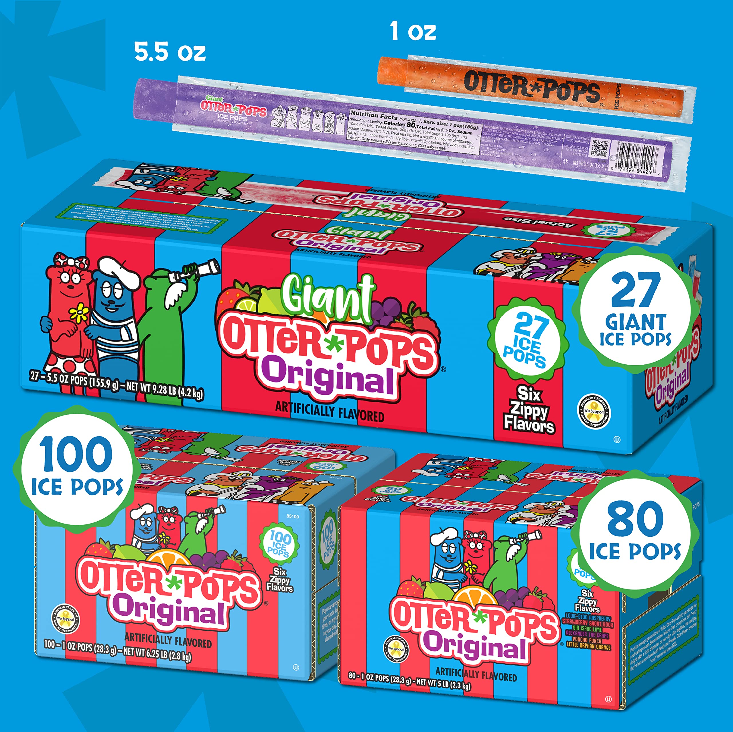 Otter Pops, Giant Original 5.5oz, 27 Ice Pops, Six Zippy Flavors