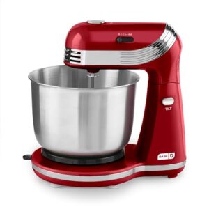 dash stand mixer (electric mixer for everyday use): 6 speed stand mixer with 3 qt stainless steel mixing bowl, dough hooks & mixer beaters for dressings, frosting, meringues & more - red, dcsm250rd