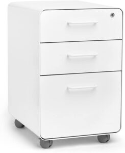 poppin stow 3-drawer rolling file cabinet - white. 2 utility drawers and 1 hanging file drawer. two locking and two non-locking wheels. powder-coated steel. two keys included