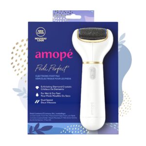 amopé pedi perfect electric callus remover foot file w/ diamond crystals, pedicure tool for feet, removes hard & dead skin, feet scrubber & buffer, splashproof, w/ extra coarse roller head, 1 count