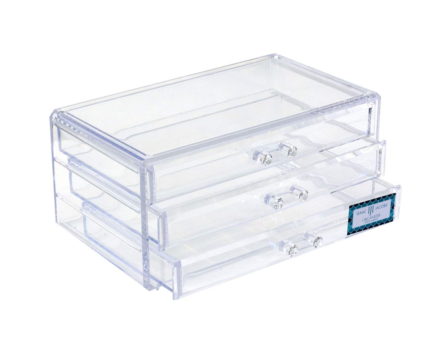 Isaac Jacobs Clear Acrylic 3-Drawer Stackable Jewelry Organizer, Cosmetic & Makeup Case with 3-Drawer Trays, Made for Bedroom, Bathroom, Countertop & Dresser