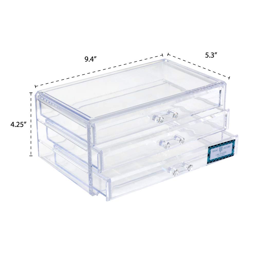 Isaac Jacobs Clear Acrylic 3-Drawer Stackable Jewelry Organizer, Cosmetic & Makeup Case with 3-Drawer Trays, Made for Bedroom, Bathroom, Countertop & Dresser