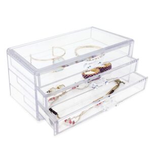 Isaac Jacobs Clear Acrylic 3-Drawer Stackable Jewelry Organizer, Cosmetic & Makeup Case with 3-Drawer Trays, Made for Bedroom, Bathroom, Countertop & Dresser