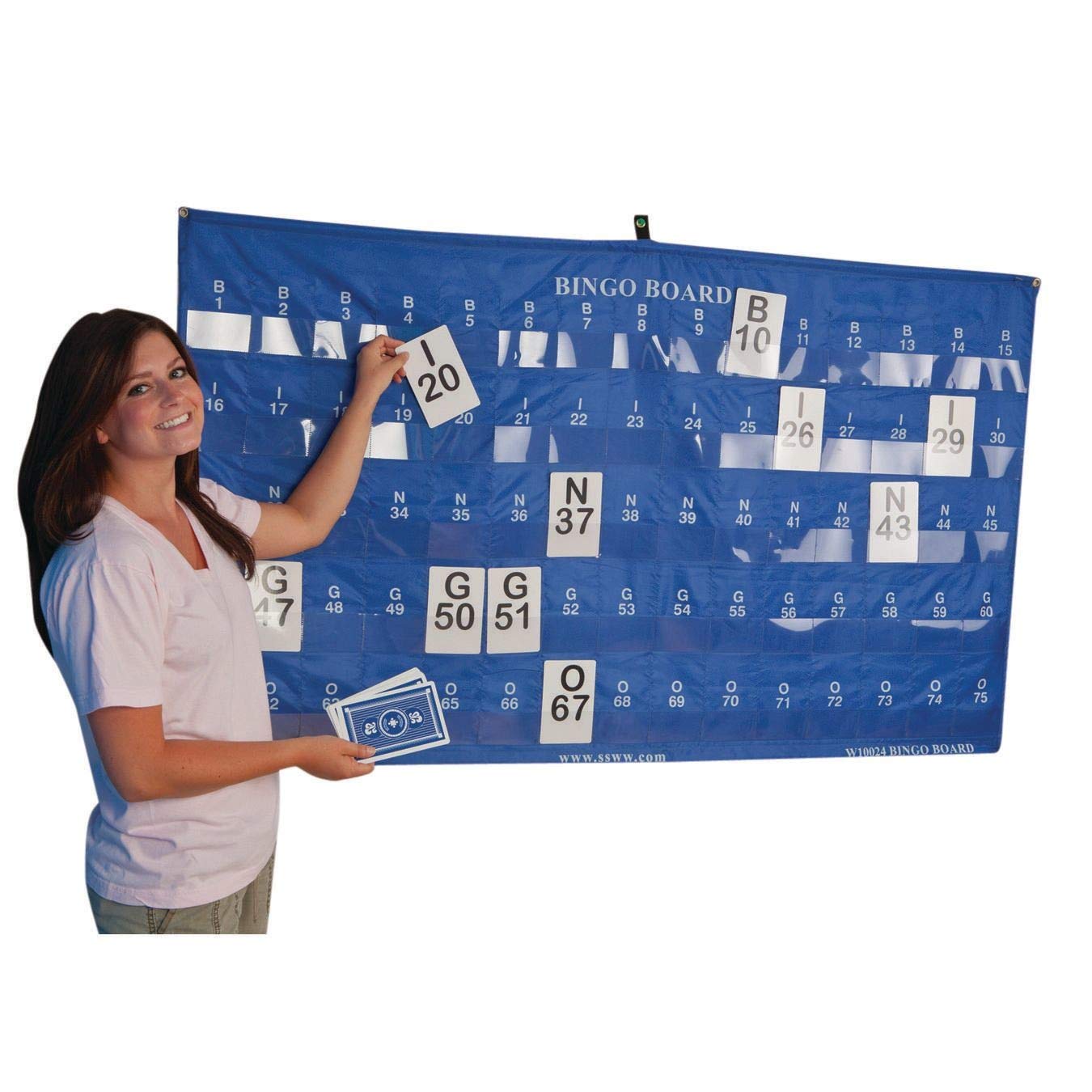 S&S Worldwide Manual Bingo Masterboard Pocket Chart. Large 60" L x 35" W Chart with 75 Pockets to Hold Bingo Calling Cards. Pockets are About 4" Wide. Includes Grommets for Hanging.