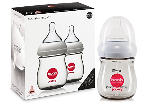 Joovy Boob Baby Bottles Made from Durable, Medical-Grade PPSU with CleanFlow Vent Technology to Prevent Nipple Collapse, Negative Pressure, and Colic Symptoms (5oz, 2pk)