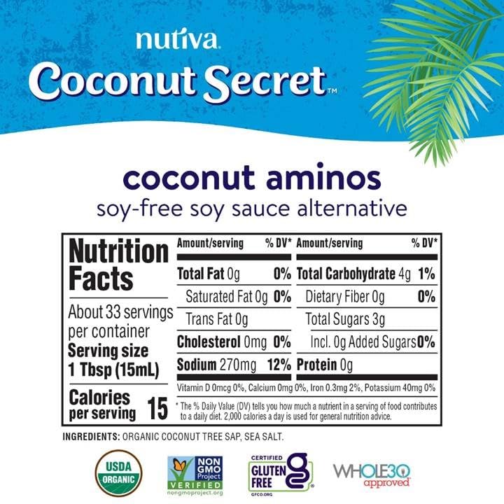 Coconut Secret Coconut Aminos - 16.9 fl oz - Low Sodium Soy Sauce Alternative, Low-Glycemic - Organic, Vegan, Non-GMO, Gluten-Free, Kosher - Keto, Paleo - 101 Total Servings