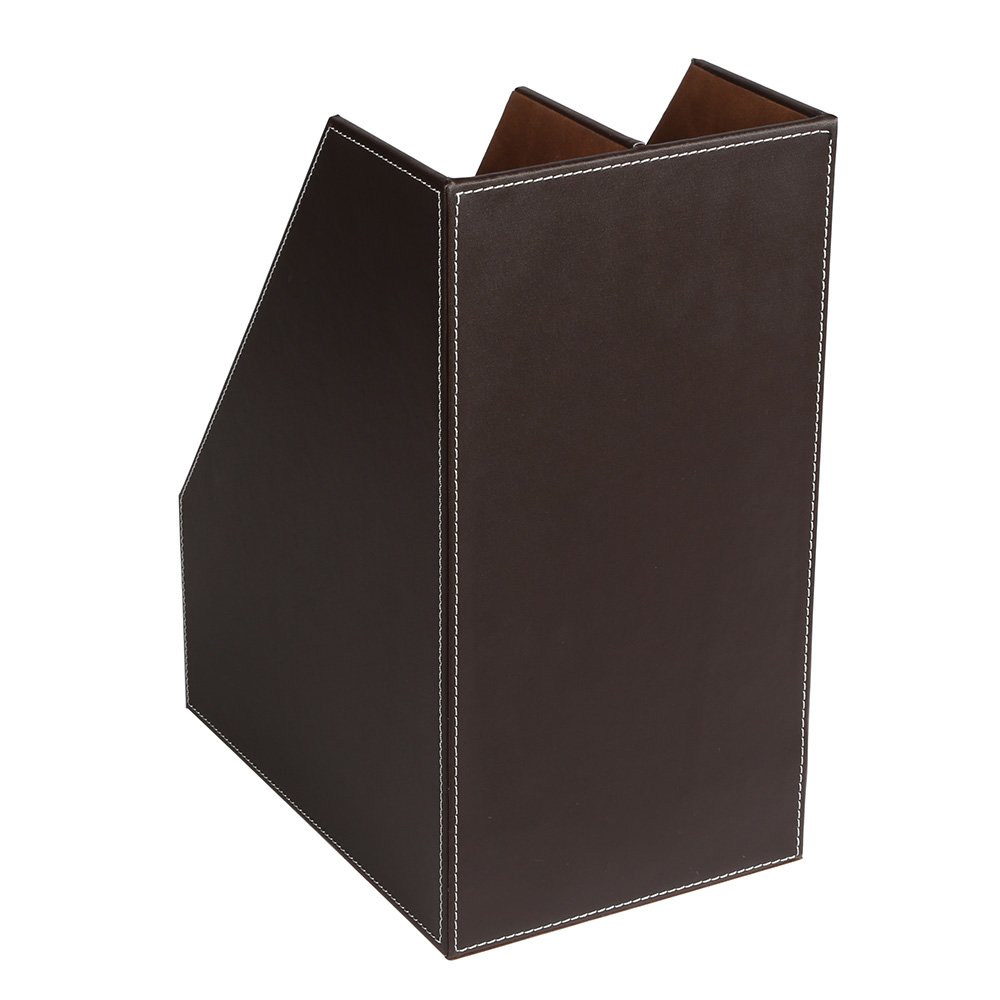 KINGFOM Wooden Leatherette Desktop File Folder Organizer and Document File Stand Journals Magazine Rack 2 Slots (brown)