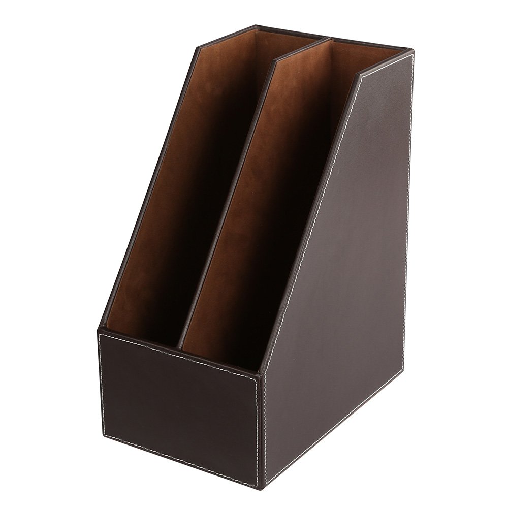 KINGFOM Wooden Leatherette Desktop File Folder Organizer and Document File Stand Journals Magazine Rack 2 Slots (brown)