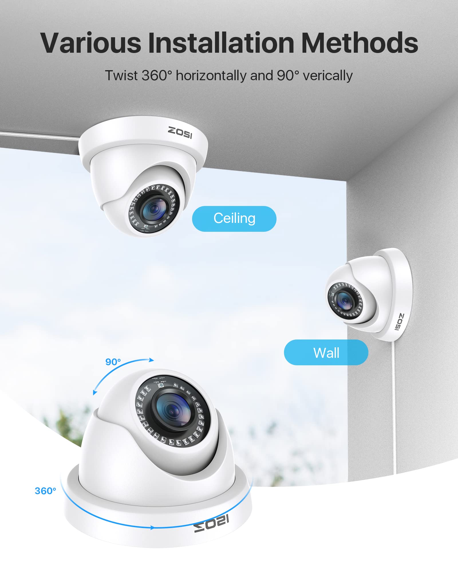 ZOSI 2MP 1920TVL Hybrid 4 in 1 TVI CVI AHD CVBS Security Camera,1080P HD Weatherproof Outdoor Indoor Surveillance Cam,Night Vision,For 960H,720P,1080P,5MP,4K analog DVR - White