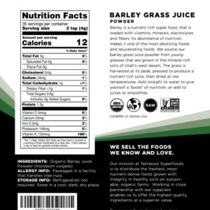 Terrasoul Superfoods Organic Barley Grass Juice Powder, 5 Oz - USA Grown | Made From Concentrated Juice | Superior to Barley Grass