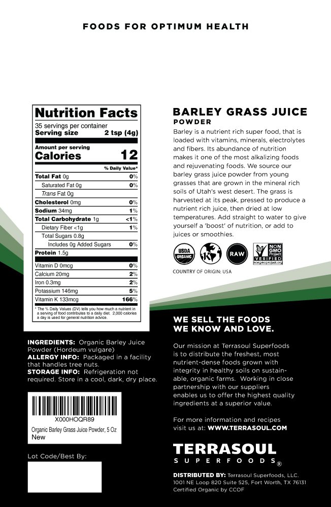 Terrasoul Superfoods Organic Barley Grass Juice Powder, 5 Oz - USA Grown | Made From Concentrated Juice | Superior to Barley Grass