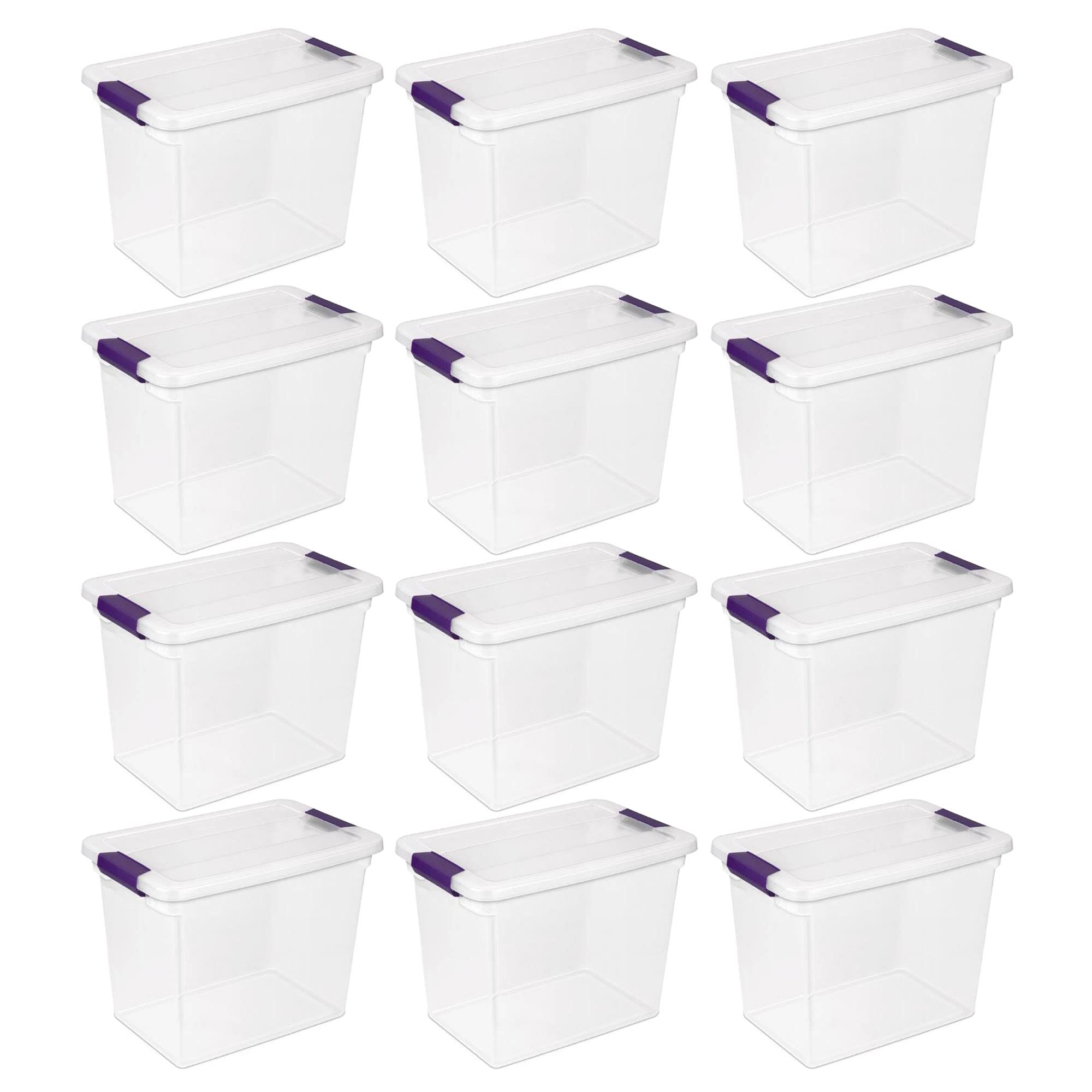 Sterilite 27 Qt ClearView Latch Storage Box Stackable Bin with Latching Lid, Plastic Container to Organize Clothes in Closet, Clear Base, Lid, 12-Pack