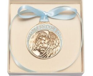 gold oxide baby with guardian angel crib medal with blue ribbon- boxed