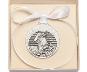 pewter baby in manger crib medal with white ribbon - boxed