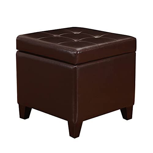 Joveco 18" Storage Ottoman PU Bonded Leather Tufted Square Footrest with Hinged Lid, Cube Footstool Seat for Living Room Bedroom (Brown)