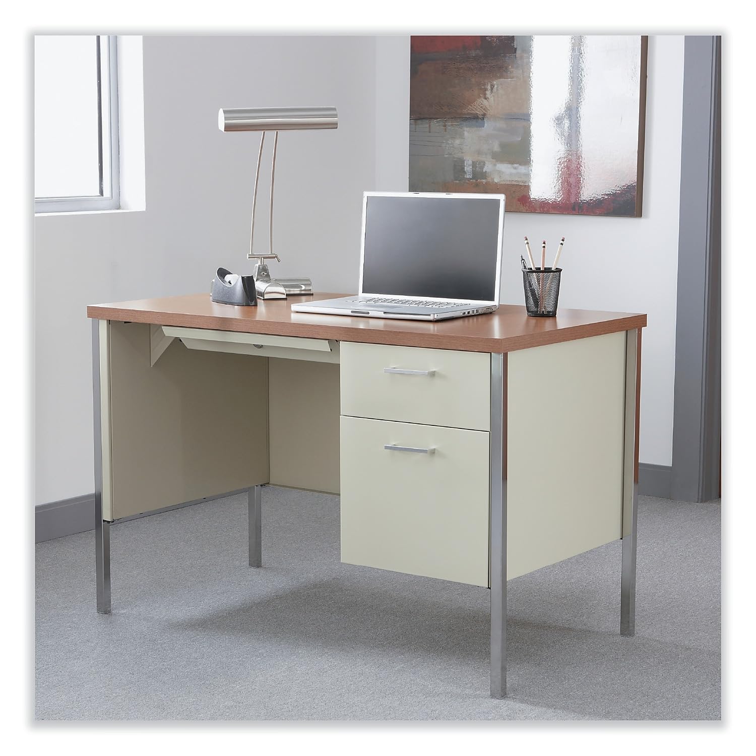 Alera SD4524PC Single Pedestal Steel Desk, Metal Desk, 45-1/4w X 24d X 29-1/2h, Cherry/putty