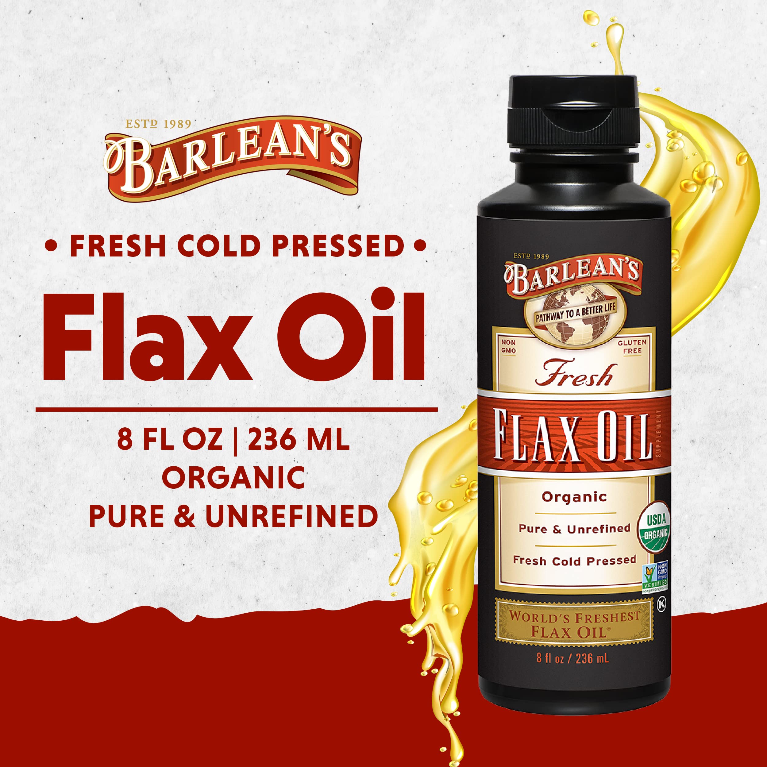 Barlean's Organic Flaxseed Oil Liquid from Fresh Cold Pressed Flax Seeds, 7,640mg ALA Omega 3 Fatty Acid Supplement for Skin and Hair Care, Vegan & Gluten Free, 8 oz