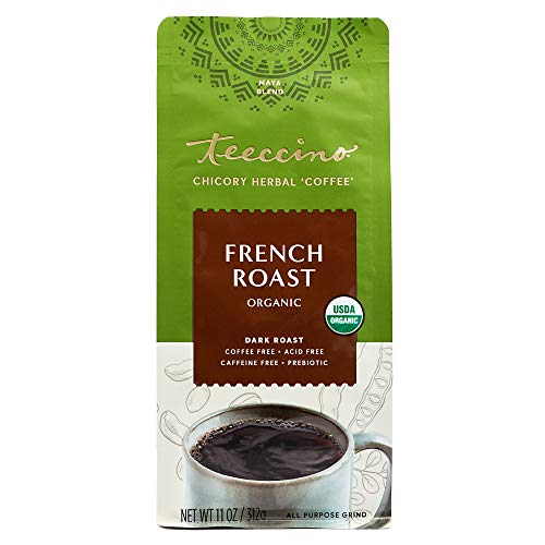 Teeccino French Roast Chicory Coffee Alternative - Ground Herbal Coffee That’s Prebiotic, Caffeine-Free & Acid Free, Dark Roast, 11 Ounce