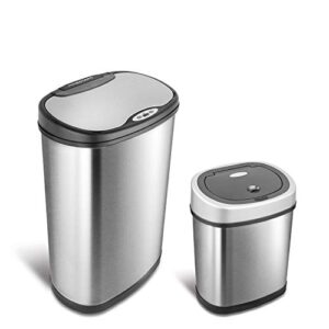 ninestars cb-dzt-50-13/12-9 automatic touchless infrared motion sensor trash can combo set, 13 gal 50l & 3 gal 12l, stainless steel base (oval, silver/black lid)