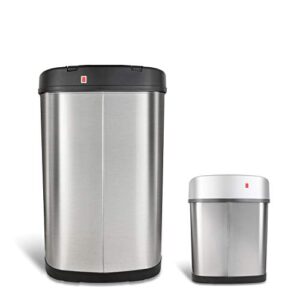 NINESTARS CB-DZT-50-13/12-9 Automatic Touchless Infrared Motion Sensor Trash Can Combo Set, 13 Gal 50L & 3 Gal 12L, Stainless Steel Base (Oval, Silver/Black Lid)