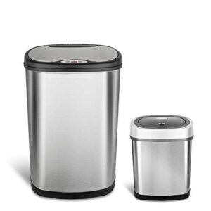 NINESTARS CB-DZT-50-13/12-9 Automatic Touchless Infrared Motion Sensor Trash Can Combo Set, 13 Gal 50L & 3 Gal 12L, Stainless Steel Base (Oval, Silver/Black Lid)