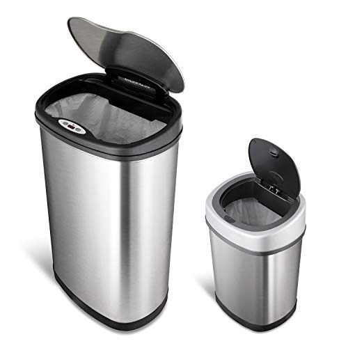 NINESTARS CB-DZT-50-13/12-9 Automatic Touchless Infrared Motion Sensor Trash Can Combo Set, 13 Gal 50L & 3 Gal 12L, Stainless Steel Base (Oval, Silver/Black Lid)