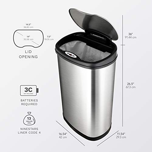 NINESTARS CB-DZT-50-13/12-9 Automatic Touchless Infrared Motion Sensor Trash Can Combo Set, 13 Gal 50L & 3 Gal 12L, Stainless Steel Base (Oval, Silver/Black Lid)