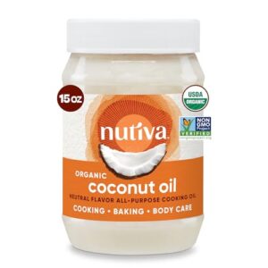 nutiva organic steam-refined coconut oil, 15 fluid ounce, usda organic, non-gmo, vegan, keto, paleo, neutral flavor and aroma for cooking & natural moisturizer for skin and hair