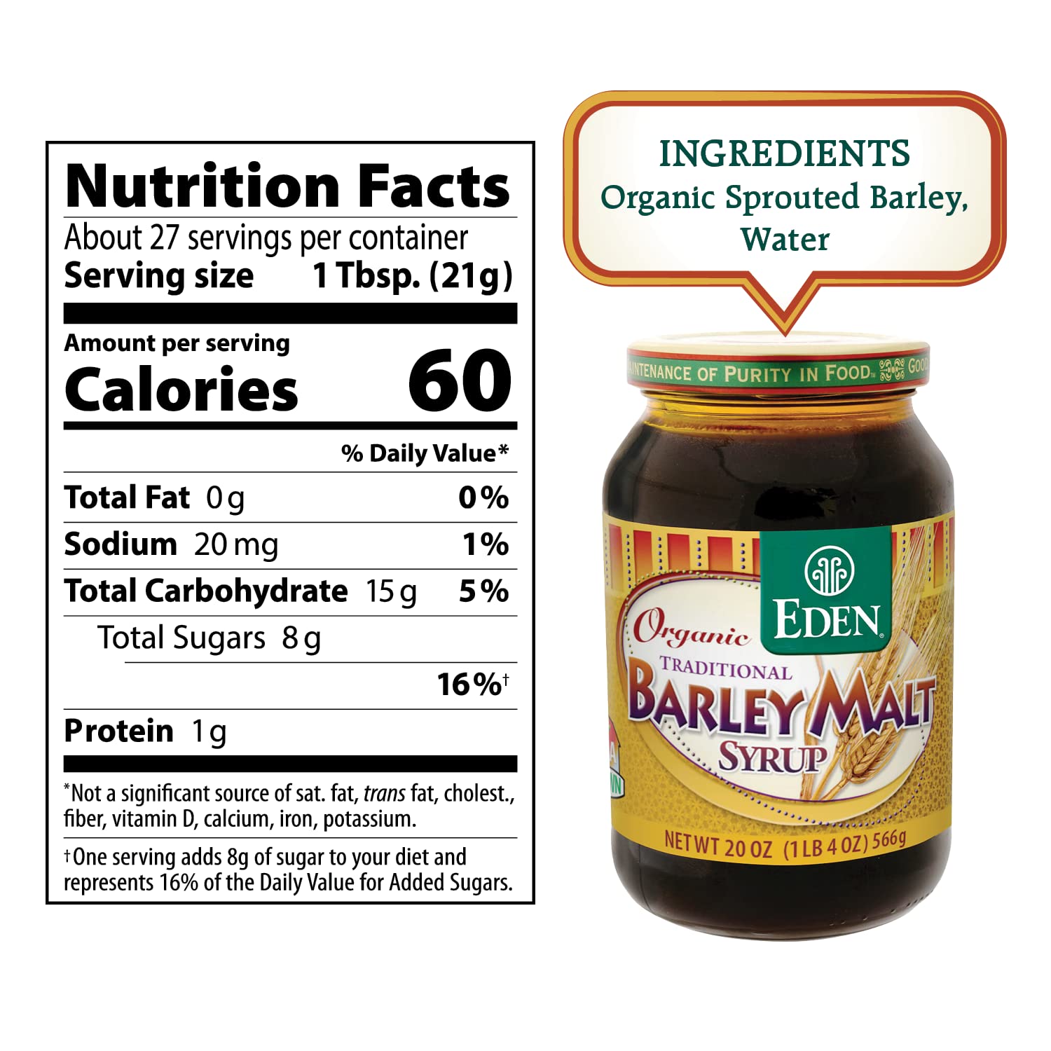 Eden Organic Traditional Barley Malt Syrup, Whole Grain Liquid Sweetener, 74.5% Maltose, Non-Diastatic, Non-GMO, 20 oz Glass Jar