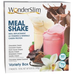 wonderslim meal replacement shake, variety pack, 15g protein, 24 vitamins & minerals, gluten free (7ct)