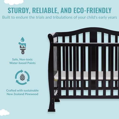 Dream On Me Addison 4-in-1 Convertible Mini Crib in Black, Greenguard Gold Certified, Non-Toxic Finishes, Built of New Zealand Pinewood, Comes with 1” Mattress Pad