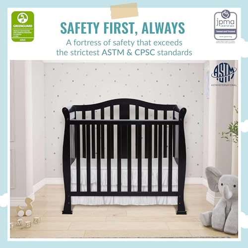 Dream On Me Addison 4-in-1 Convertible Mini Crib in Black, Greenguard Gold Certified, Non-Toxic Finishes, Built of New Zealand Pinewood, Comes with 1” Mattress Pad