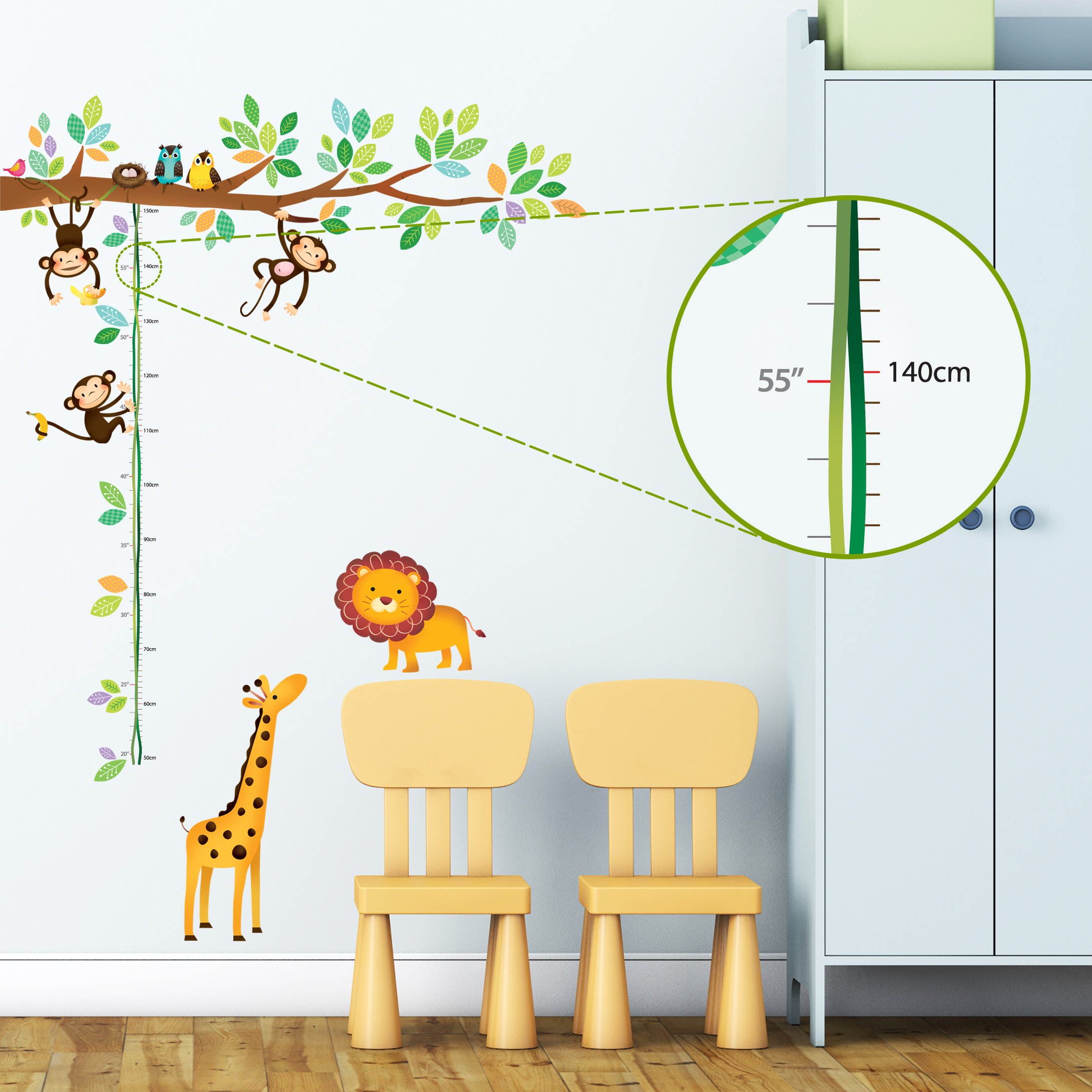 DECOWALL DW-1402 Little Monkeys Tree and Animals Height Growth Chart Kids Wall Stickers Wall Decals Peel and Stick Removable Wall Stickers for Kids Nursery Bedroom Living Room décor