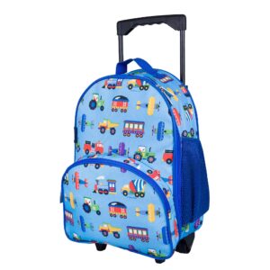 wildkin kids rolling luggage for boys and girls, carry on luggage size is perfect for school and overnight travel, measures 16 x 12 x 6 inches (trains, planes, and trucks)