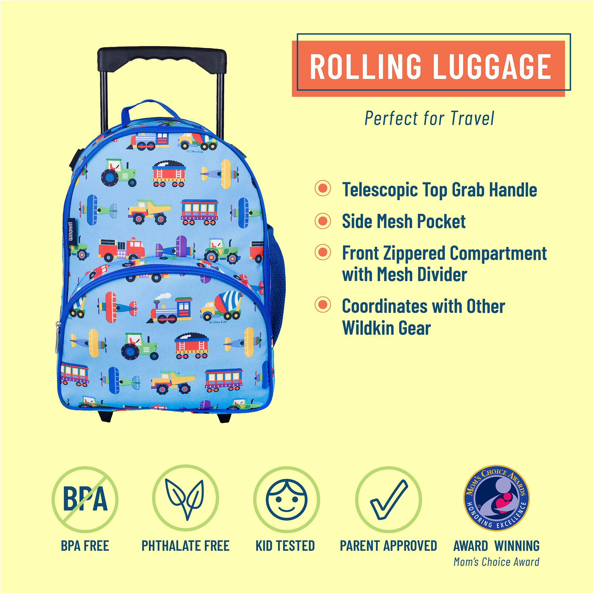 Wildkin Kids Rolling Luggage for Boys and Girls, Carry on Luggage Size is Perfect for School and Overnight Travel, Measures 16 x 12 x 6 Inches (Trains, Planes, and Trucks)