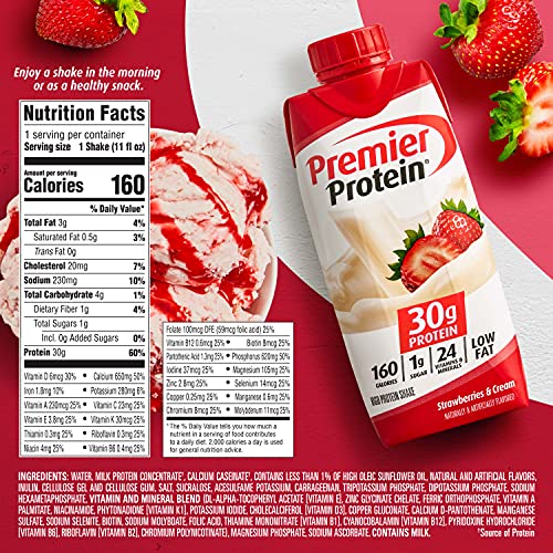 Premier Protein 30g Shakes Strawberries Cream 11 Fluid Ounces, Strawberry Shake, 44 Fl Oz, (Pack of 4)