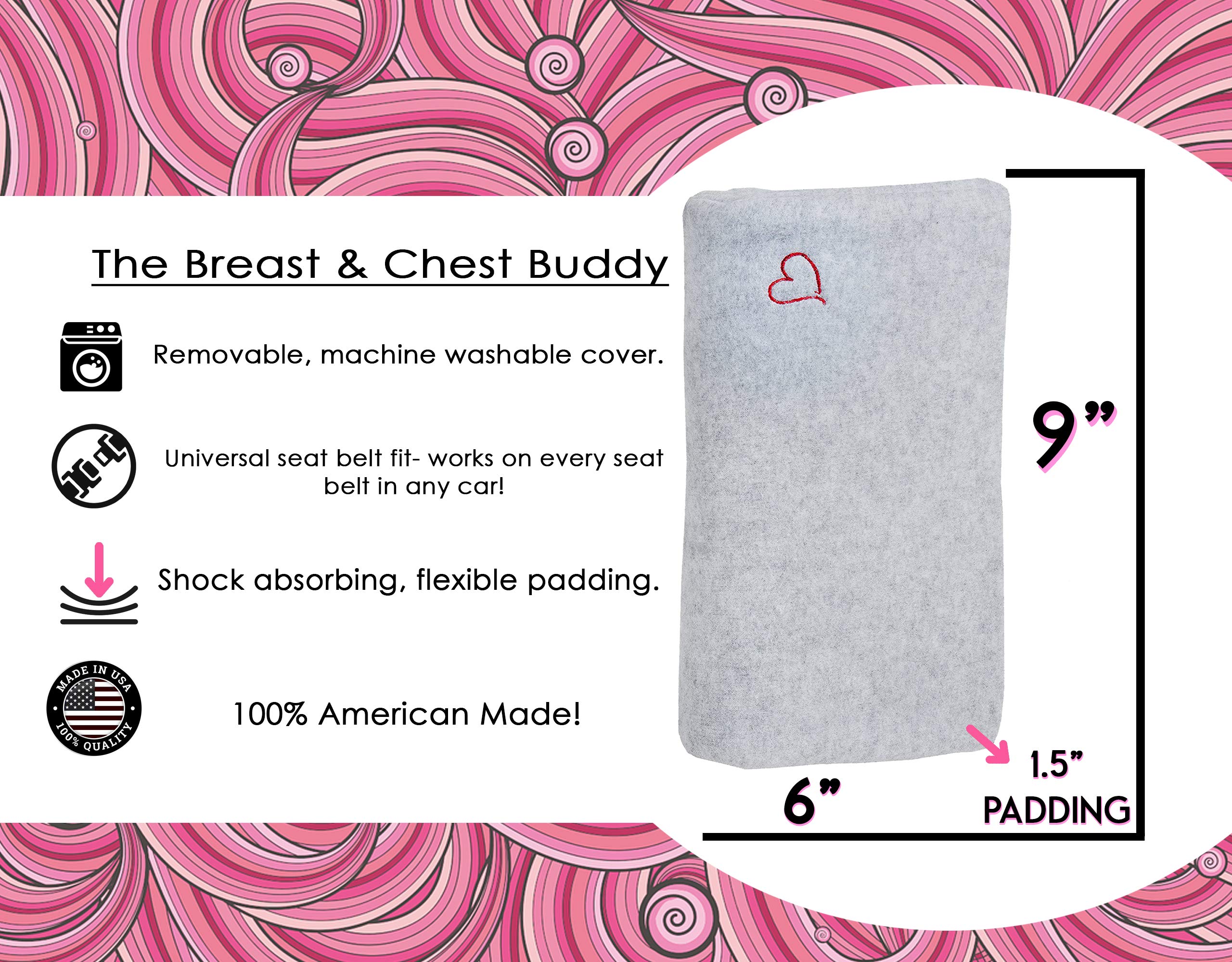 The Breast & Chest Buddy - Seatbelt Cushion for Open Heart Surgery, Mastectomy and Chest Reconstruction Sites - Solid Gray with Heart