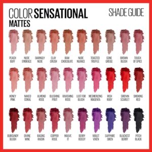 Maybelline Color Sensational Lipstick, Lip Makeup, Matte Finish, Hydrating Lipstick, Nude, Pink, Red, Plum Lip Color, Lust for Blush, 1 Count