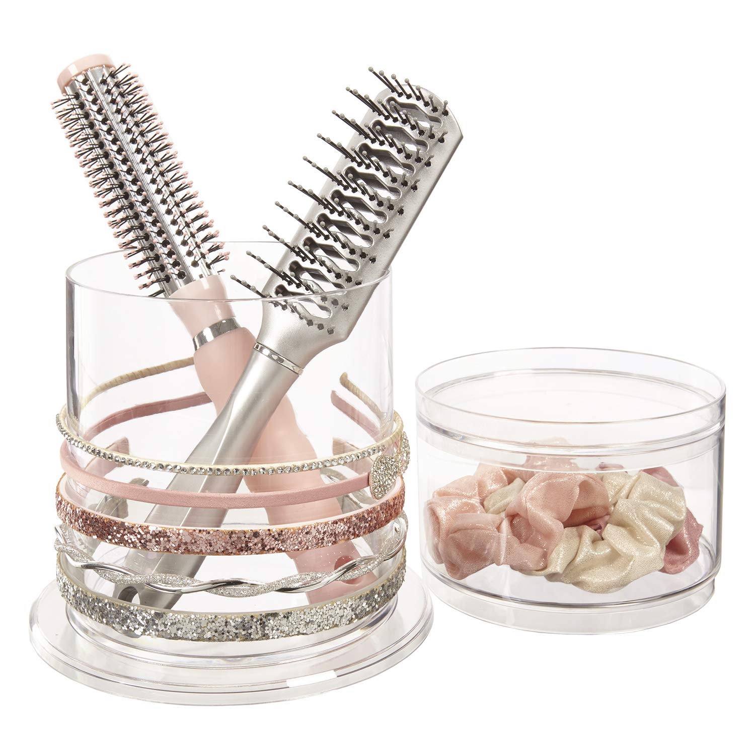 STORi Bella Stackable Clear Plastic Hair Accessory Organizer Set | Round Headband and Hairbrush Holder Stacks on The Storage Containers with Tray Lid | Made in USA