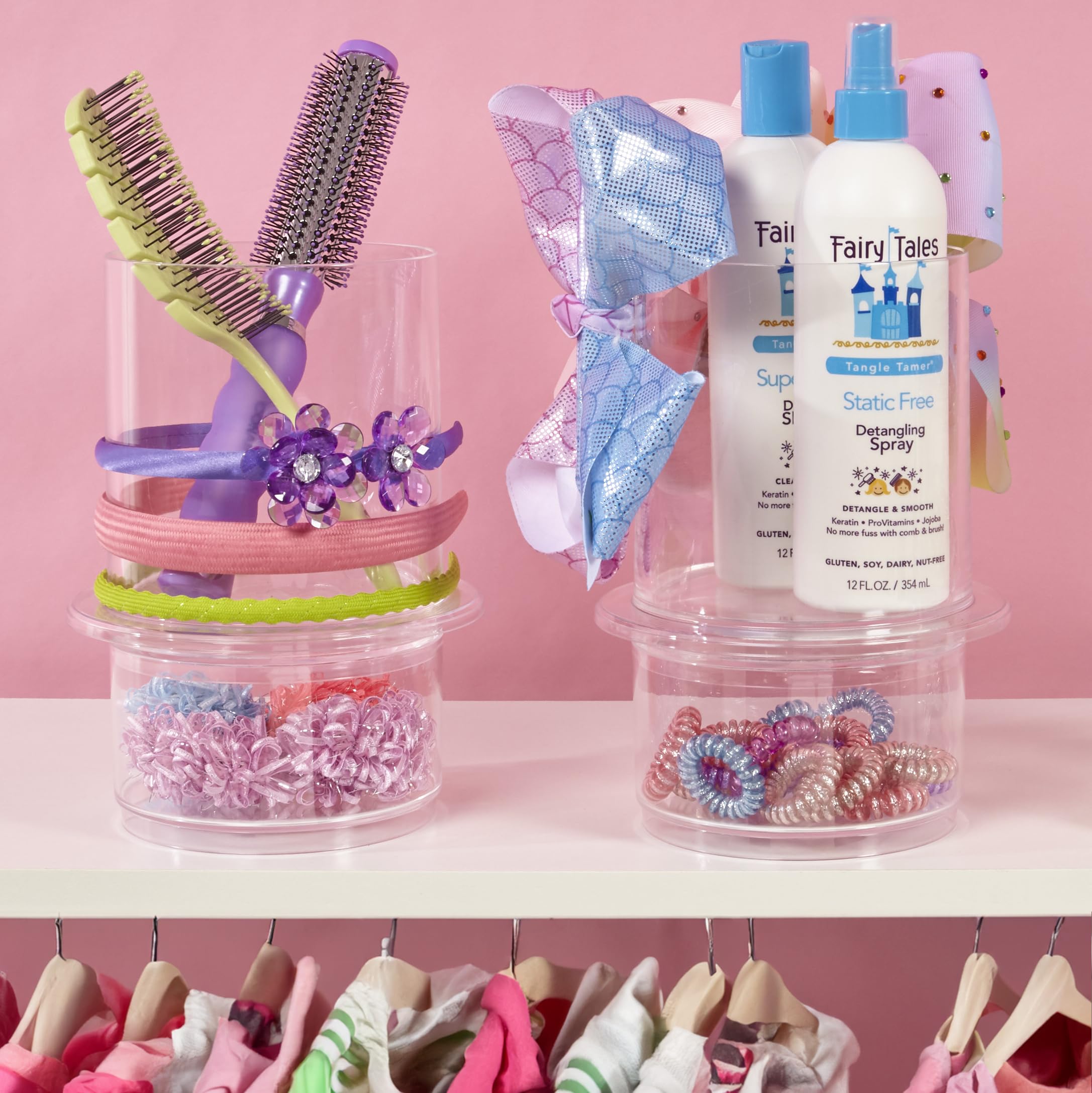 STORi Bella Stackable Clear Plastic Hair Accessory Organizer Set | Round Headband and Hairbrush Holder Stacks on The Storage Containers with Tray Lid | Made in USA