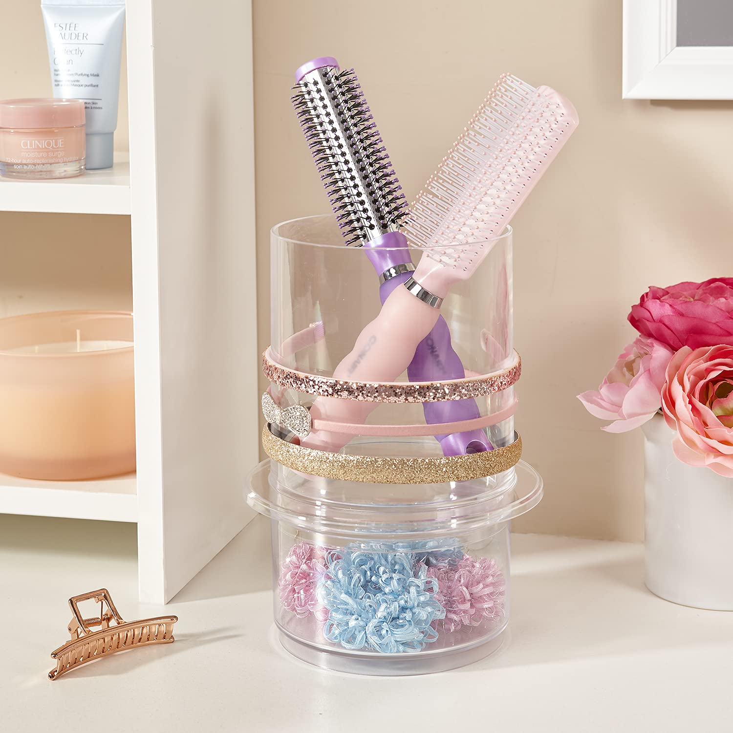 STORi Bella Stackable Clear Plastic Hair Accessory Organizer Set | Round Headband and Hairbrush Holder Stacks on The Storage Containers with Tray Lid | Made in USA