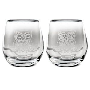 tmd holdings etched owl stemless wine glasses, set of 2